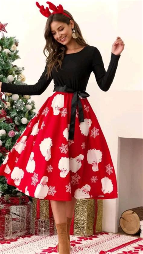 Womens Long Sleeve Christmas Print Panel Belt Swing Dress