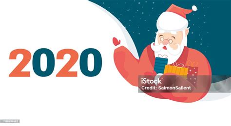 크리스마스 선물과 2020 숫자와 큰 간판 귀여운 산타 클로스의 현대 벡터 그림 엽서 배너 및 웹 메리 크리스마스와 새해 맞이