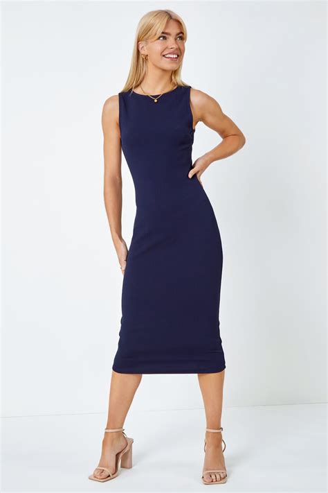 Navy Sleeveless Midi Stretch Dress Roman Uk