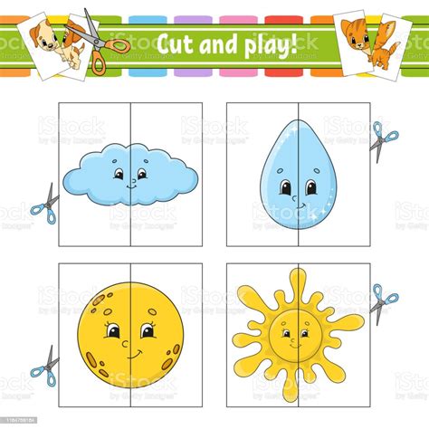 잘라내기 및 재생합니다 플래시 카드 색상 퍼즐 교육 개발 워크 시트 활동 페이지 어린이를위한 게임 재미있는 캐릭터 격리된 벡터 그림입니다 만화 스타일입니다 0명에 대한 스톡