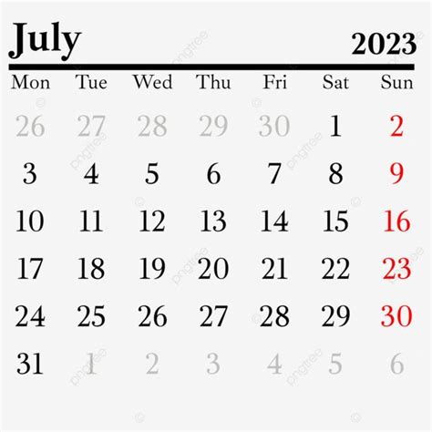 Черный простой календарь на июль 2023 года Png Календарь на июль 2023