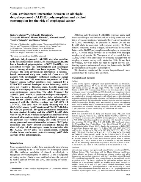 Pdf Gene Environment Interaction Between An Aldehyde Dehydrogenase 2
