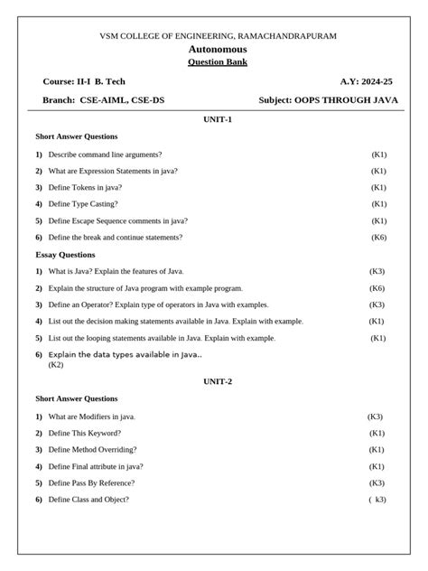 Oops Through Java Question Bank 2024 25 Pdf Method Computer