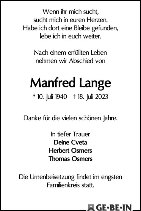 Traueranzeigen Von Manfred Lange Trauer And Gedenken