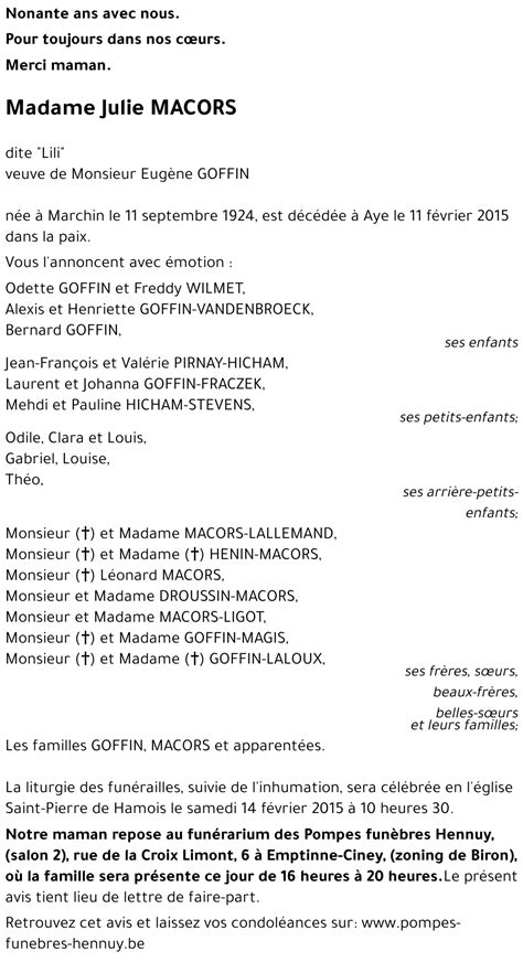 Avis De Décès De Julie Macors Décédé Le 11022015 à Aye Annonce Condoléances Fleurs Etc