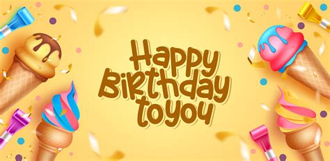 생일 파티 벡터 배경 디자인 화려하고 맛있는 출생일을위한 콘 아이스크림 뿔 및 색종이 요소가있는 생일 축하 인사말 텍스트 3차원 형태에 대한 스톡 벡터 아트 및 기타 이미지