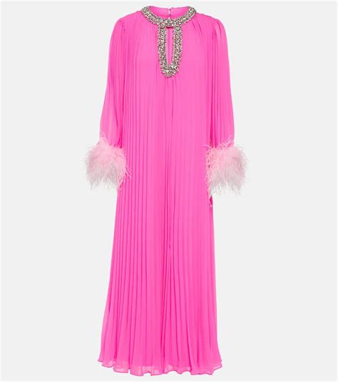 Self Portrait Feather Trimmed Chiffon Maxi Dress Pink Editorialist