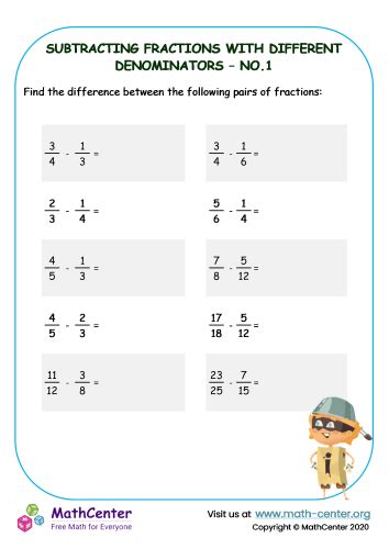 Grade 6 Math Worksheet Subtract Unlike Fractions Denominators Worksheets Library