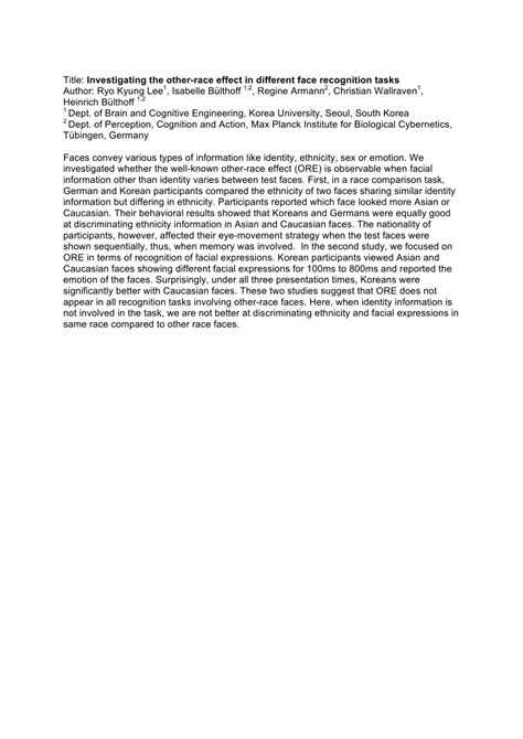 Pdf Investigating The Other Race Effect In Different Face Recognition Tasks