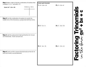 Factoring Trinomials Ax 2 Bx C Foldable Notes For Algebra 1 Fully