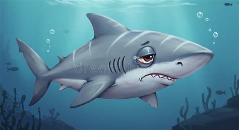 A Cartoon Shark With A Sad Expression Swims Underwater The Shark Is