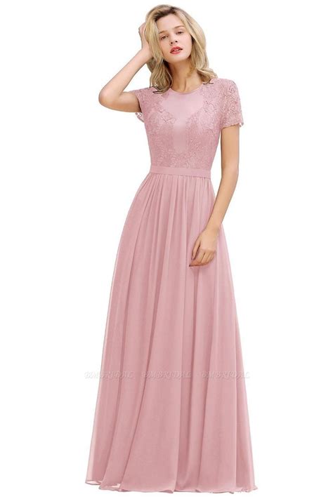 BMbridal Chic A Line Chiffon Lace Bridesmaid Dress With Short Sleeves
