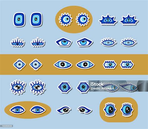 추상 블루 터키어 아이 스티커 세트 다양한 이상한 악과 재미 만화와 기괴한 눈 트렌디 한 환각적인 이상한 만화 스타일 끈적 끈적한 라벨 컬렉션에서 다른 모양 벡터