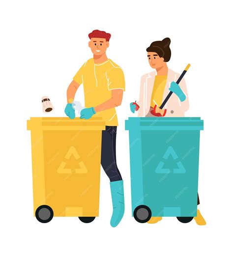People Putting Rubbish In Trash Bins Cartoon Man And Woman Sorting