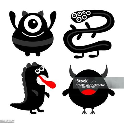 怪物黑色剪影設置迪諾蛇萬聖節快樂可愛的 Kawaii 卡通恐怖搞笑人物圖示眼睛頭髮舌頭牙齒手有趣的嬰兒收藏白色背景平面設計向量圖形及更多一組