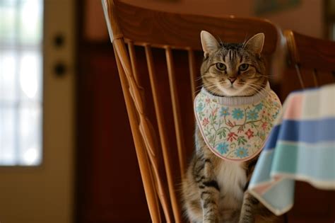 Gato Em Um Bib Bordado Sentado Ereto Em Uma Cadeira De Jantar Foto