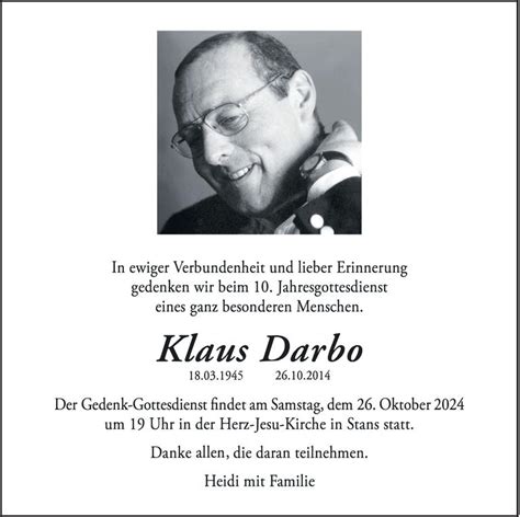 Jahrestag von Klaus Darbo vom 26.10.2014 | Tiroler Tageszeitung