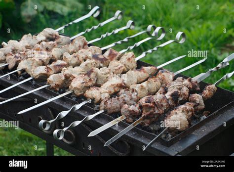 Cooking Barbecue Skewers Marinated Kebab Is Grilled On Charcoal Shish