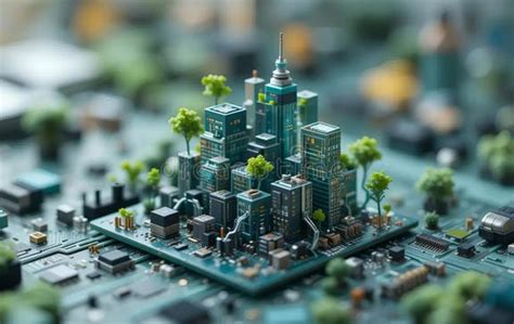 A Small Microcontroller Circuit Board With Tiny Buildings Growing Out