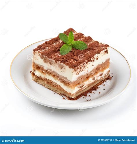 Classic Tiramisu Dessert On Ceramic Plate Isolated On White Background