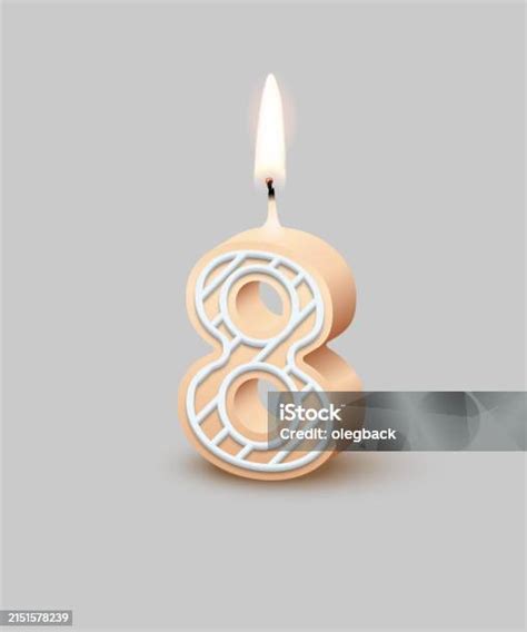 생일 번호 여덟 촛불 와 불 벡터 Illustration 3d 베이지 색 숫자 8 아이싱 생일 또는 기념일 케이크 및 행복 파티 초대장 및 인사말 카드 디자인 템플릿에 대