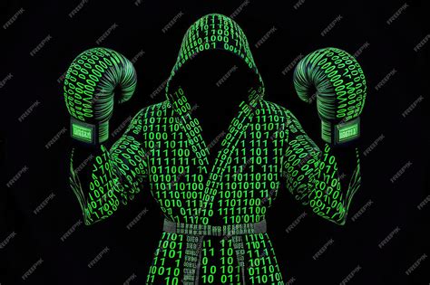 Cyber Boxer In Digital Matrix Green Hooded Figure With Binary Code Premium Ai Generated Vector
