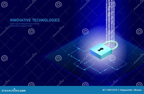 Isometric Internet Security Lock Business Concept Blue Glowing Isometric Personal Information