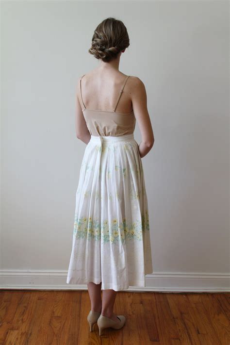 Vintage 1950s White Pleated Midi Skirt With Yellow And Green Etsy