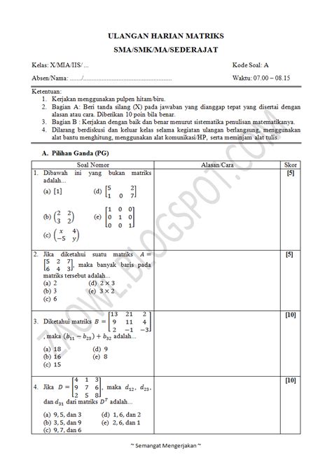 Soal Matematika Kelas 11 Tentang Matriks
