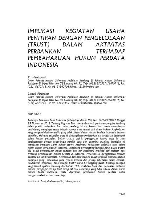 Pdf Implikasi Kegiatan Usaha Penitipan Dengan Pengelolaan Trust