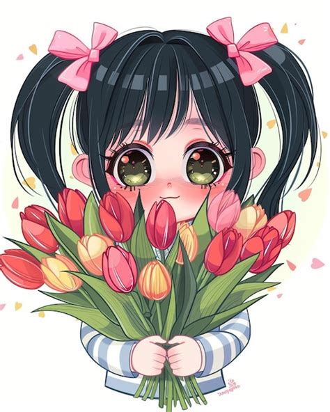 Premium Vector Black Haired Chibi Girl With Bows Premium Vector Black Haired Chibi Girl With Bows
