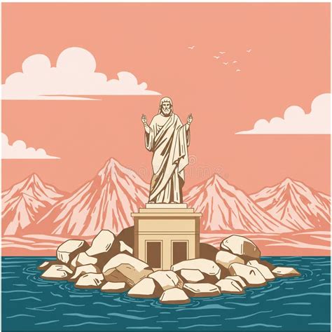 A Stylized Illustration Depicts A Statue Of Jesus Christ Standing Atop