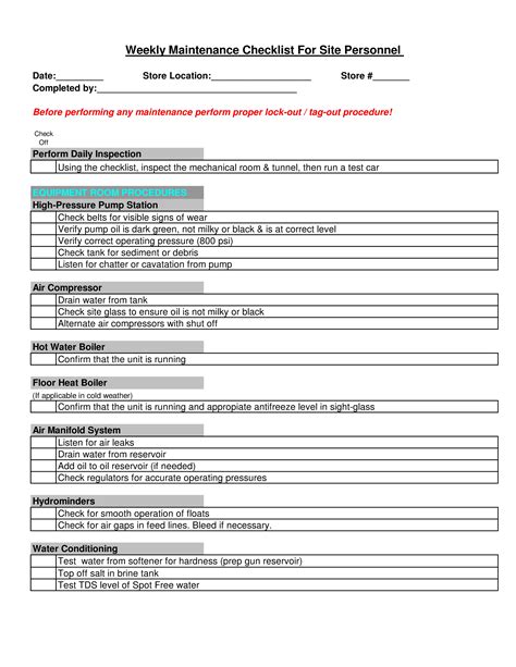 Weekly Maintenance Checklist Templates At