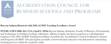 I Am Honored To Receive The Acbsp Global Business Programs 2024