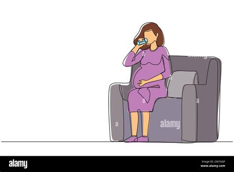 Single Continuous Line Drawing Pregnant Woman Drinking Water Sitting On