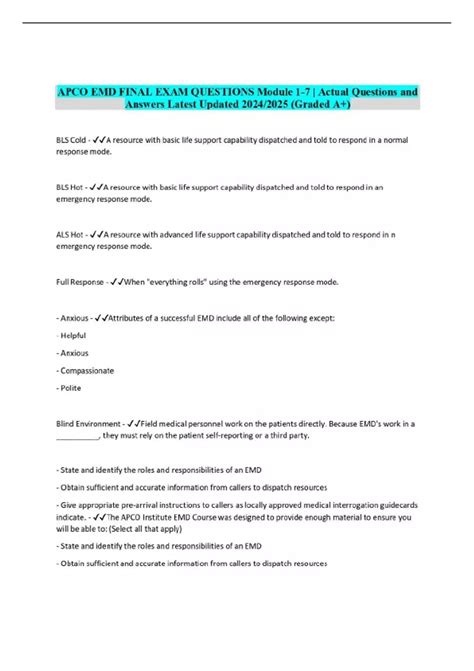 APCO EMD FINAL EXAM QUESTIONS Module 1 7 Actual Questions And Answers Latest Updated 2024 2025