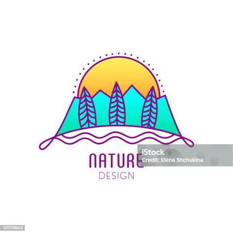 흰색 배경에 자연의 벡터 로고입니다 풍경의 선형 아이콘 산 나무 태양 비즈니스 엠블럼 여행 배지 대체 의학 및 생태 개념 건강 및 요가 센터 강에 대한 스톡 벡터 아트 및
