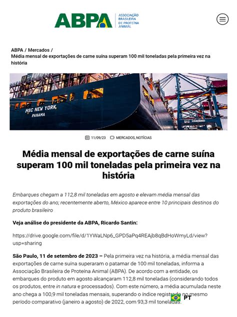 Média Mensal De Exportações De Carne Suína Superam 100 Mil Toneladas