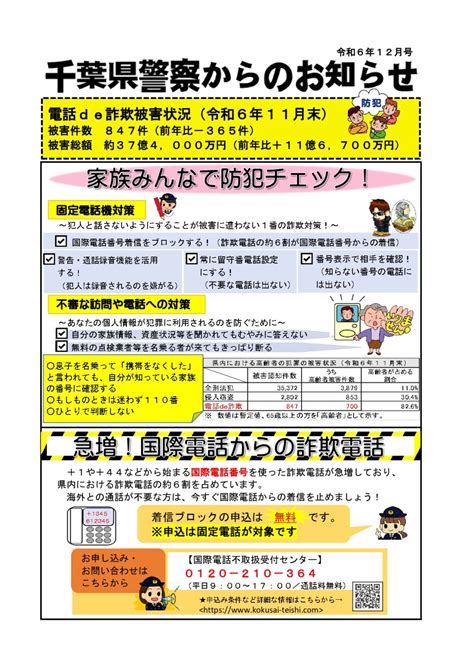 千葉県警からのお知らせ／電話de詐欺被害状況・家族みんなで防犯チェック！・急増！国際電話からの詐欺電話 公益社団法人 全日本不動産協会