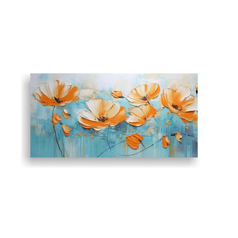 Cuadro De Flores Exclusivo En Turquesa Y Naranja Sobre Lienzo DecoCuadros