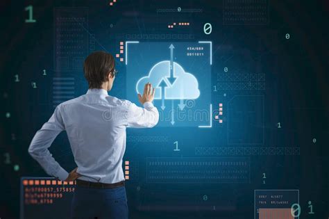Data Transfer And Storage Technology Concept With Man Back View Working With Virtual Screen Wall