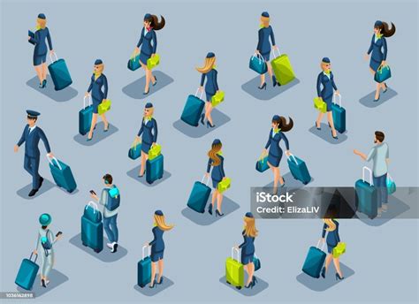 아이소메트리 승객 스튜 어디 스 여자 승무원 조종사 국제 공항에서 사람들의 신규 모집의 가방 전면 보기와 사람들이 서둘러 공항에 대한 스톡 벡터 아트 및 기타 이미지