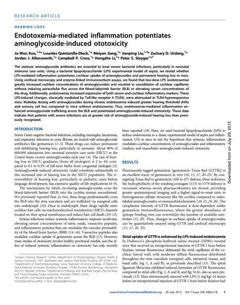 Pdf Endotoxemia Mediated Inflammation Potentiates Aminoglycoside Induced Ototoxicity