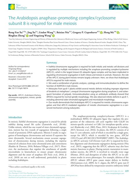 Pdf The Arabidopsis Anaphase Promoting Complexcyclosome Subunit 8 Is Required For Male Meiosis