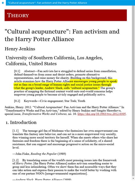 Jenkins View Of Cultural Acupuncture Fan Activism And The Harry