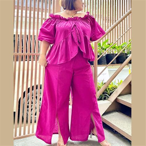 Plus Size Chubby Women Coords Terno Set Ruffled Linen In Plain Zaria