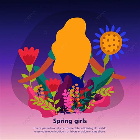 五顏六色的平面背景與春天的花朵和長長的金發女孩矢量插圖海報模板下載，psd設計模板素材在線下載