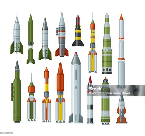 다양한 유형의 군사 미사일 로켓 세트 공중 및 탄도 핵 폭탄 탄두에 비행 육군 엔진 무기 미사일에 대한 스톡 벡터 아트 및 기타 이미지 Istock