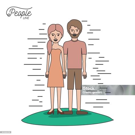 풍자 만화 몇 사람들이 라인 드레스에 사이드 포니 테일 헤어와 함께 여자와 흰색 바탕에 잔디에 수염된 남자 서 캐주얼 옷 2명에