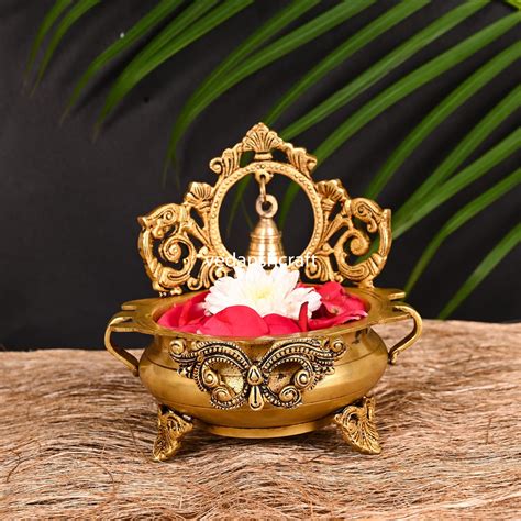 Brass Hand Carved Urli With Bell 7 Inch Vedansh Craft